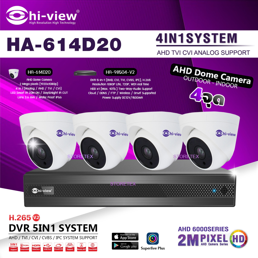 Hi-view ชุดกล้องวงจรปิด 2MP 4จุด รุ่น HA-614D20 (4ตัว) + DVR 4Ch. รุ่น ...