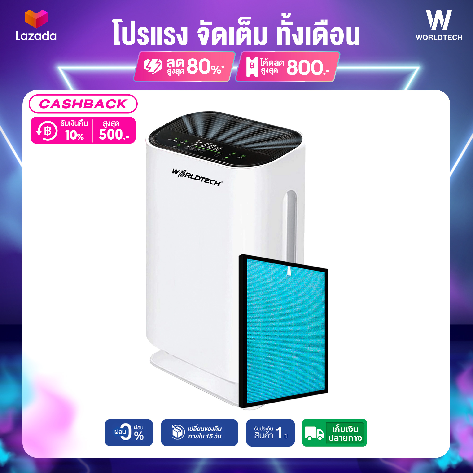 Worldtech เครื่องฟอกอากาศ Air Purifier รุ่น WT-P50 สำหรับพื้นที่ 40-55 ตรม. เครื่องกรองอากาศ ฟั ...