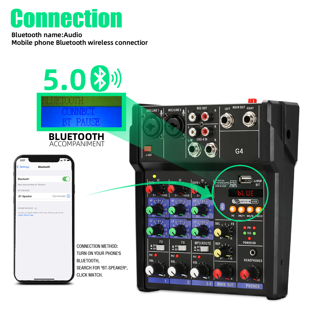 NewBaxs Mixer G4B 4-Way Mixer Bluetooth Reverb Live Sound Card Portable ...