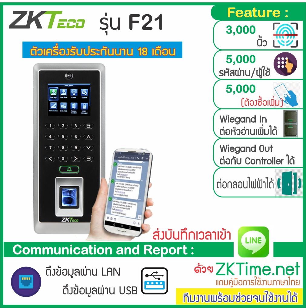ZKTeco F21 เครื่องสแกนลายนิ้วมือ หรือกดรหัส บันทึกเวลาทำงาน ส่ง Line ...