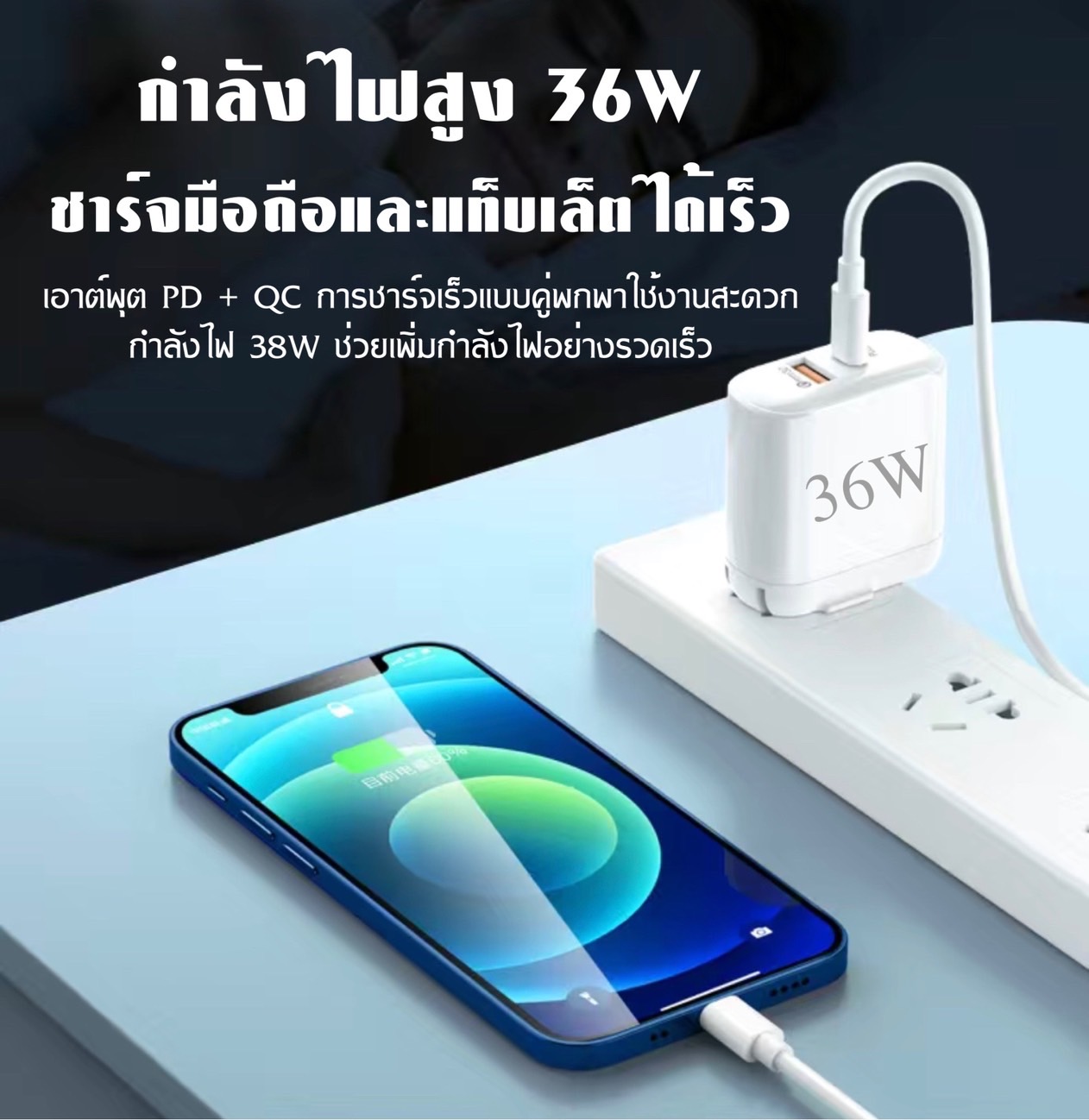 ชุดชาร์จเร็วPD36Wอะแดปเตอร์USBPD หัว36WสายPD120W สำหรับ iP สาย 2 แบบให้เลือก C to C กับ C to LBY ...