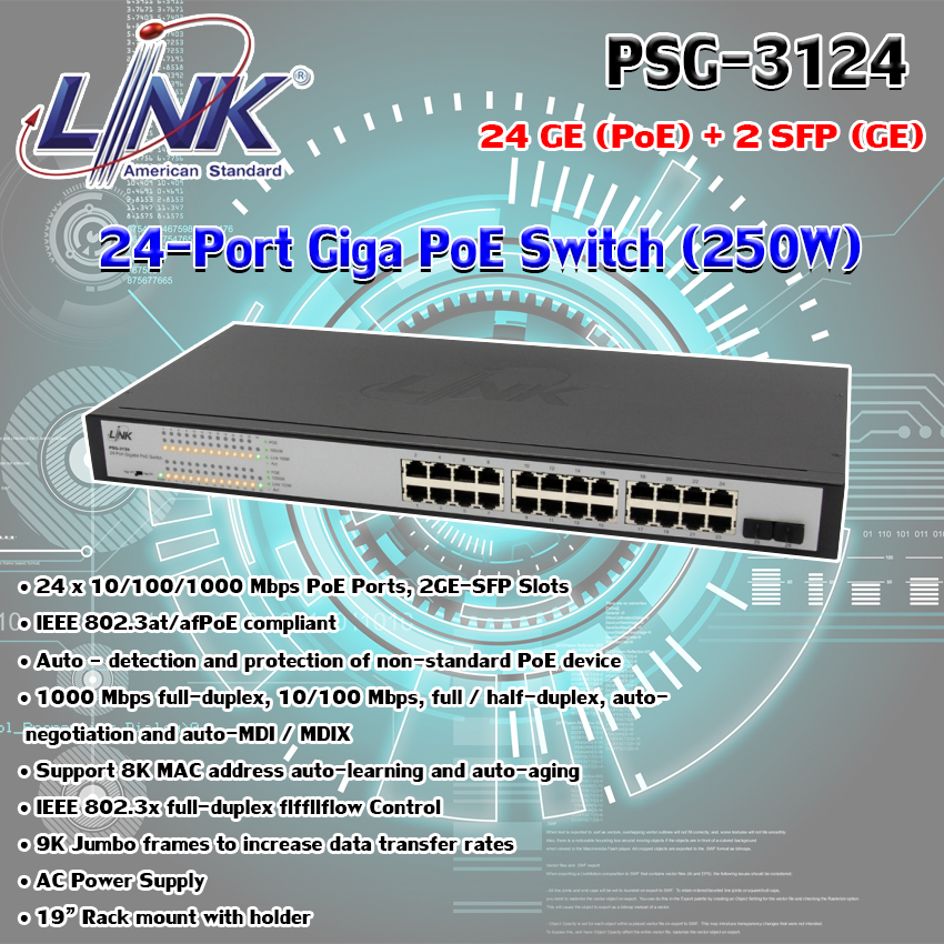 LINK 24-Port Giga PoE Switch 24 GE (PoE) + 2 SFP (GE) (250W) รุ่น PSG-3124 ninety9 watch ...