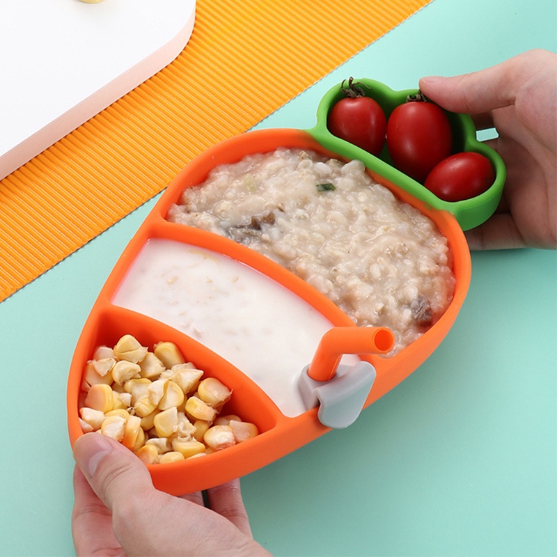 【Dimama】CODจานอาหารค่ำซิลิโคนสำหรับเด็ก รูปร่างแครอท ชุดช้อนส้อมเด็ก+ส้อม+ช้อน - Dimama - ThaiPick