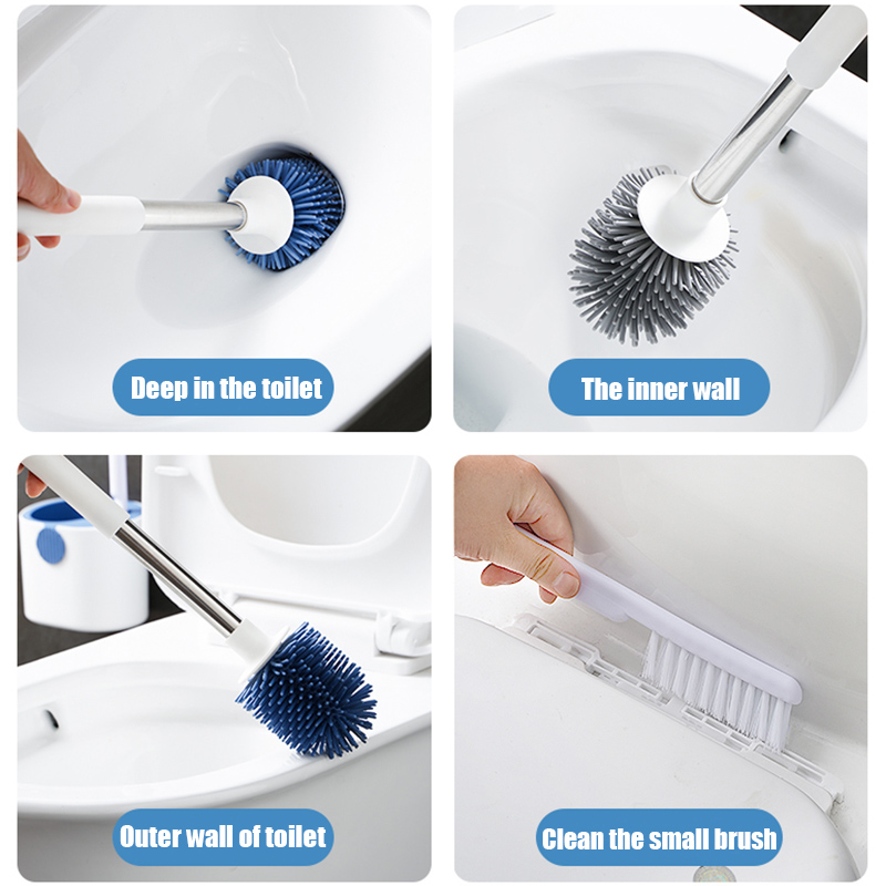 Silicone Toilet Brush With Holder Set Long Handled Round TPR Cleaner ...
