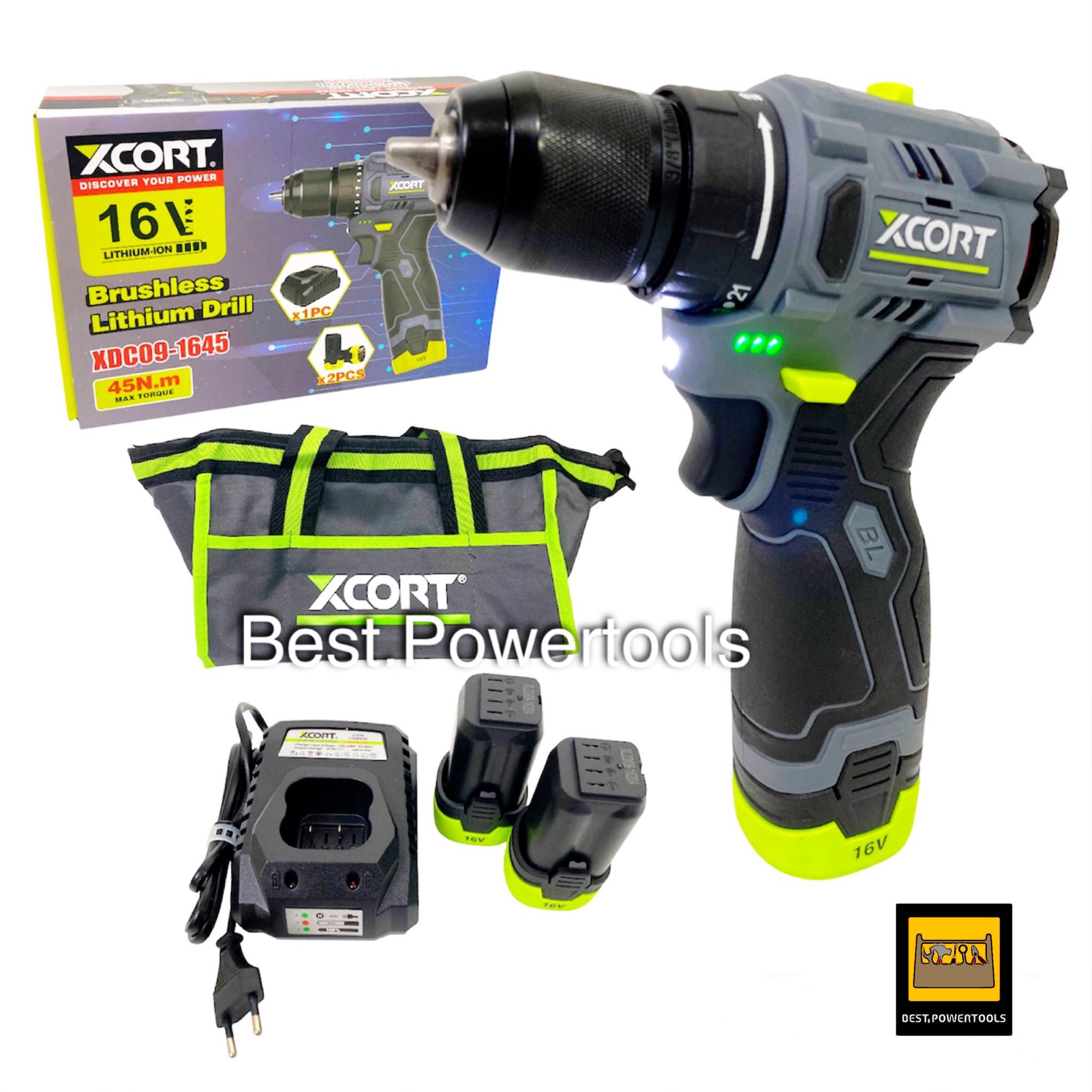 (SERIES 9)XCORT สว่านไร้สาย มอเตอร์บัสเลสไร้แปรงถ่าน แรงบิด 45 นิวตันเมตร แบตเตอรี่ 16V 2000mAh ...