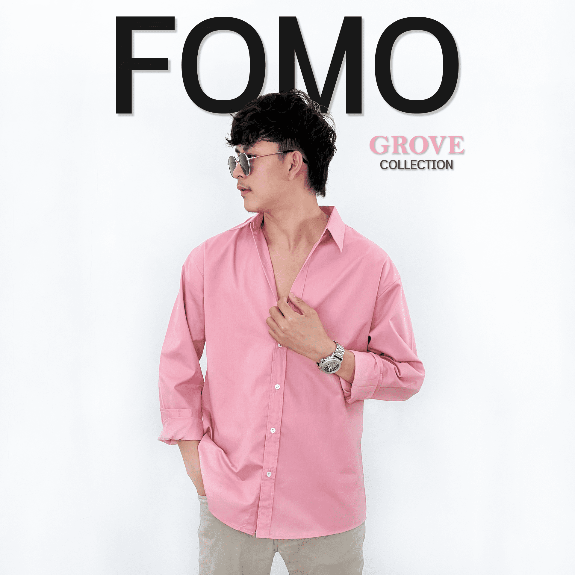 Fomo-เชิ้ตแขนยาว สีชมพูเบลเลตเสื้อเชิ้ตวาเลนไทน์ | Lazada.co.th