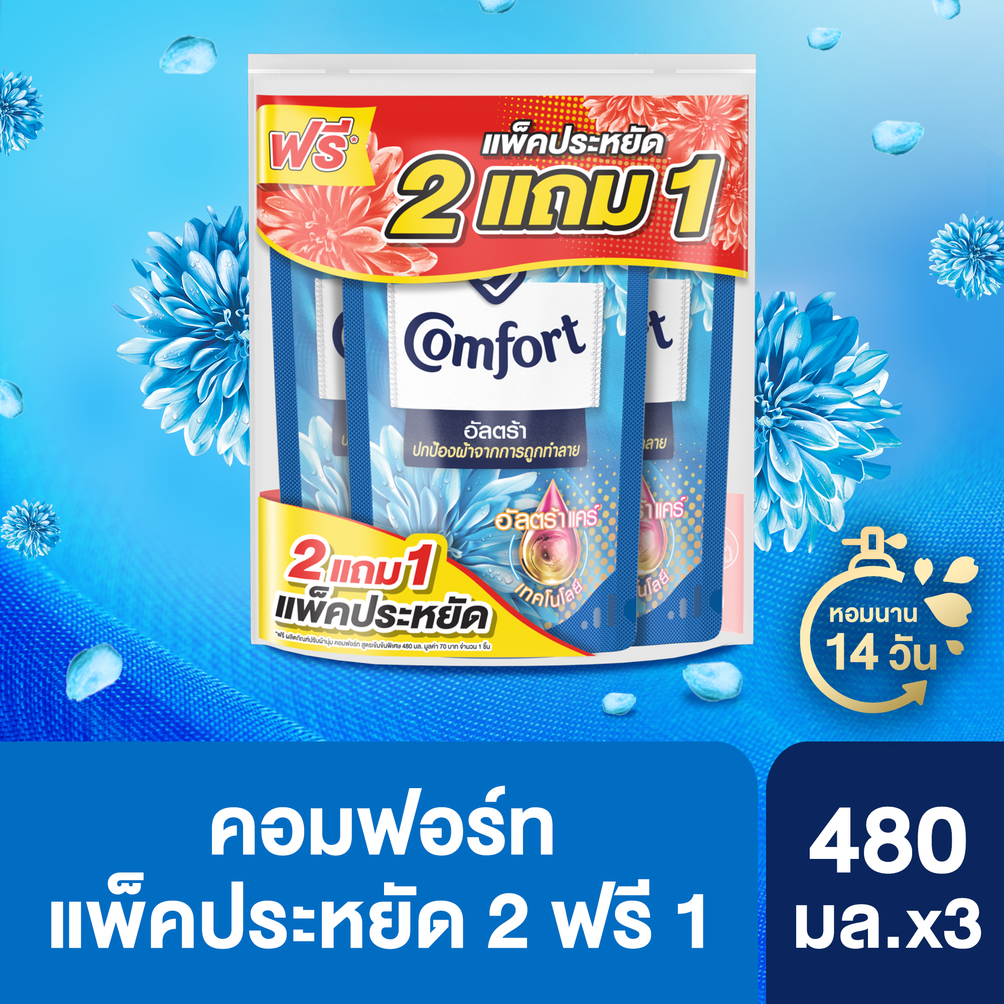 คอมฟอร์ท อัลตร้า น้ำยาปรับผ้านุ่ม เดลี่ เฟรช 480 มล. (2 แถม 1) Comfort Ultra Fabric Softener ...