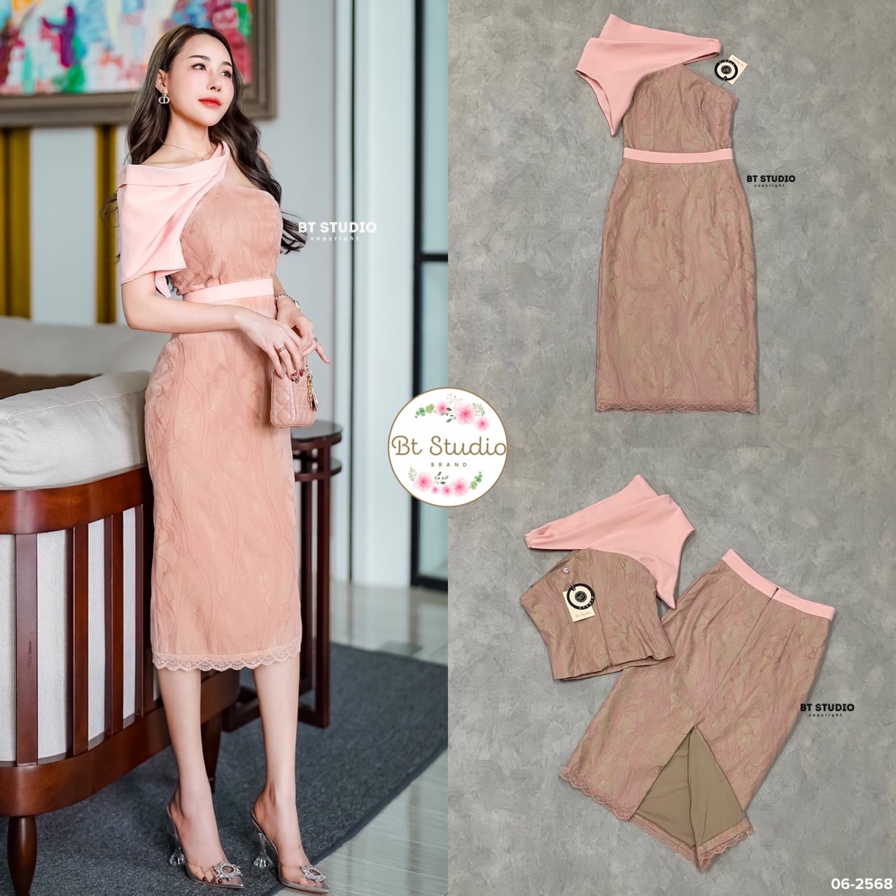 งานป้าย BT-Studio set 2ชิ้นเสื้อปาดไหล่เฉียงแต่งคลุมแขนข้างนึง ผ้าทอแต่งลายพื้นแมทซ์กับกระโปรง ...