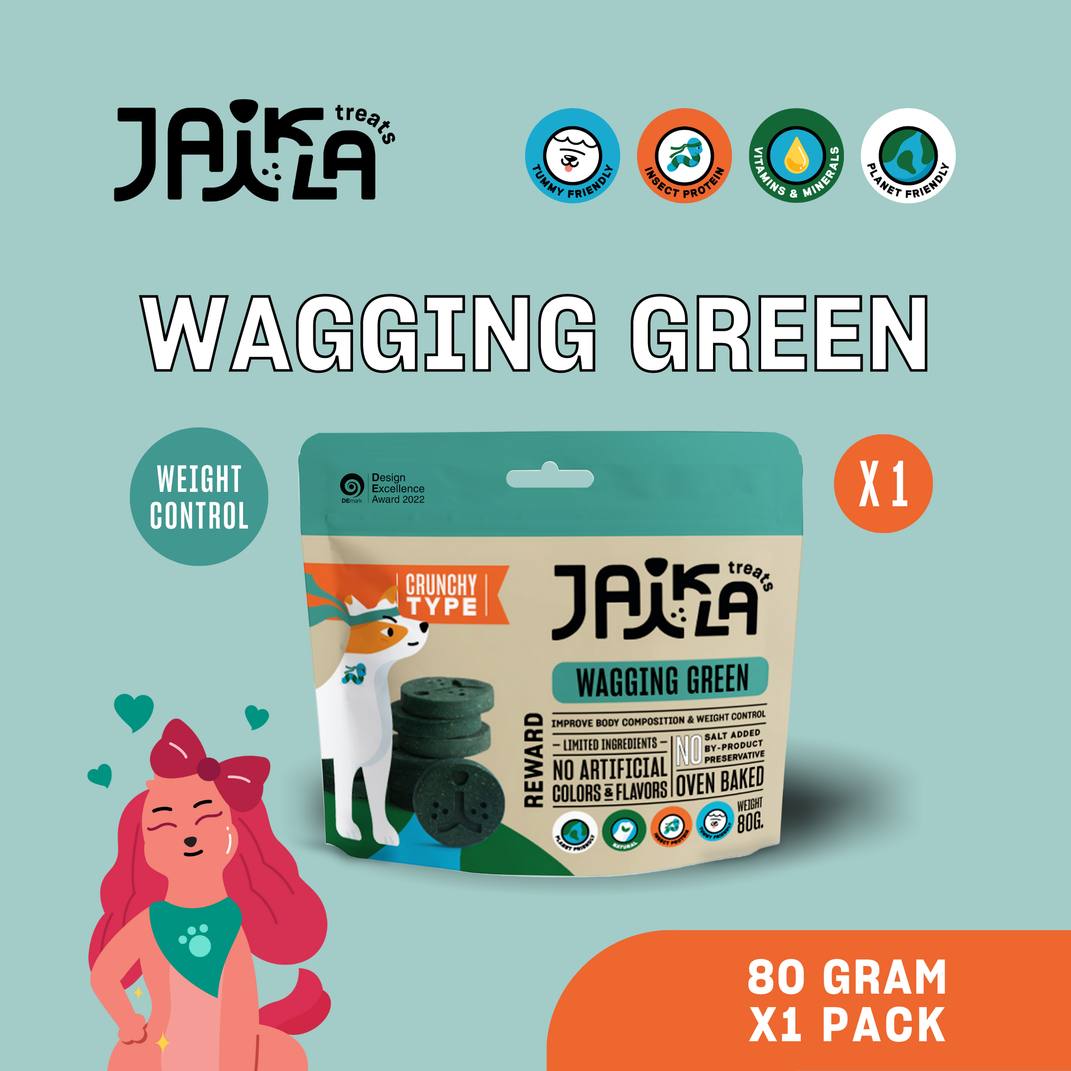 JAIKLA ขนมสุนัขเพื่อสุขภาพ สูตร WAGGING GREEN ควบคุมน้ำหนัก ช่วยเผาผลาญไขมันส่วนเกิน (80g ...