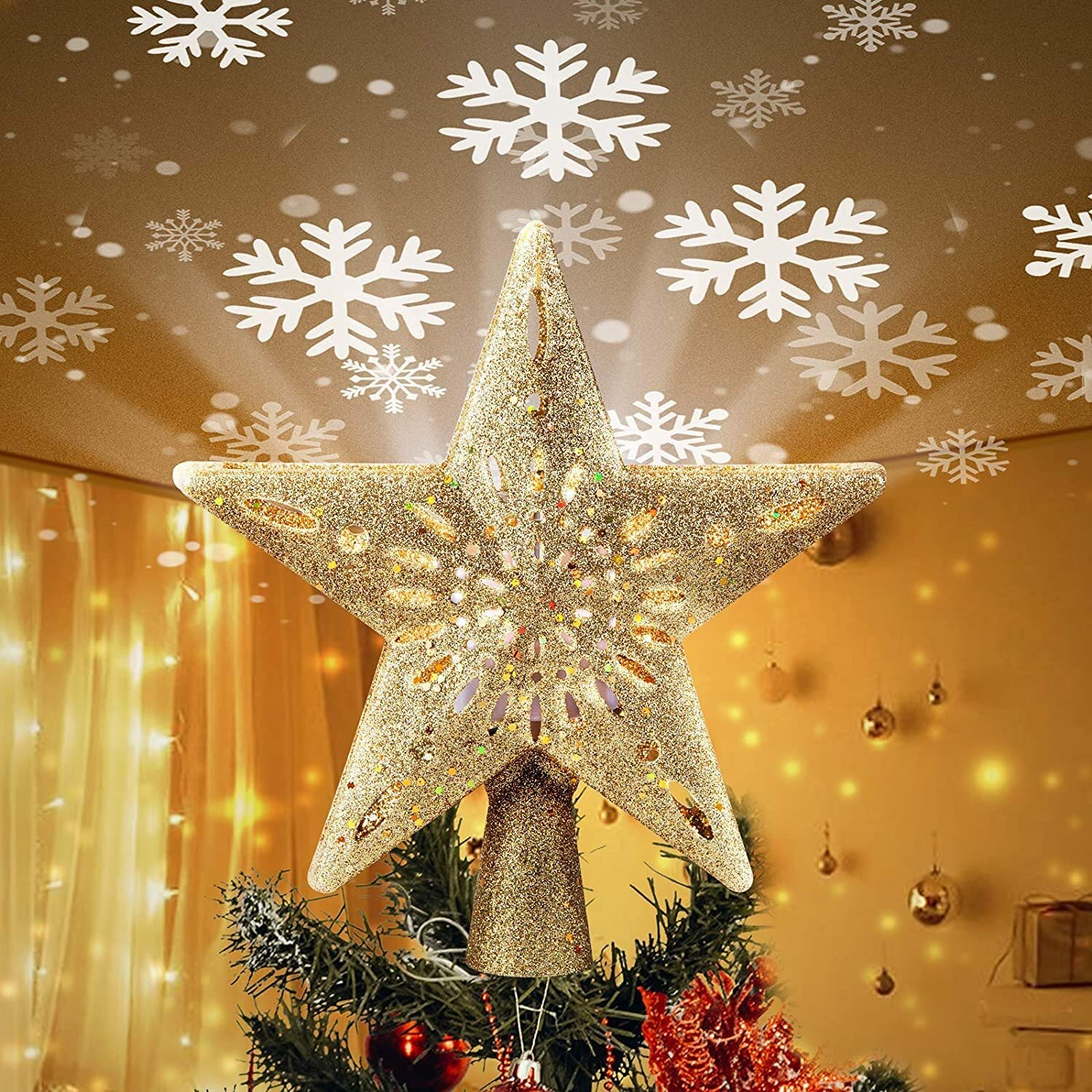 Christmas Tree Topper LED Star Projector 3D Glitter Hollow Star ...