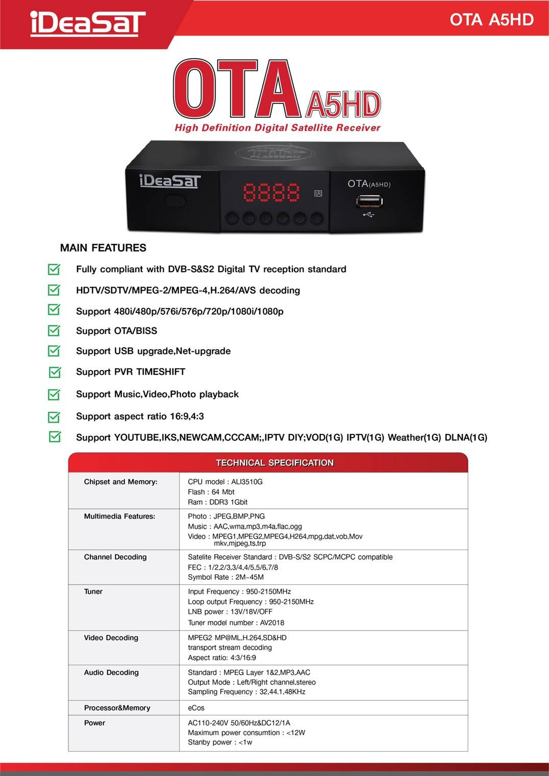 iDeaSaT กล่องรับสัญญาณดาวเทียม รุ่น OTA A5HD (รองรับทั้งระบบ C-Band และ Ku-Band) - Time ...