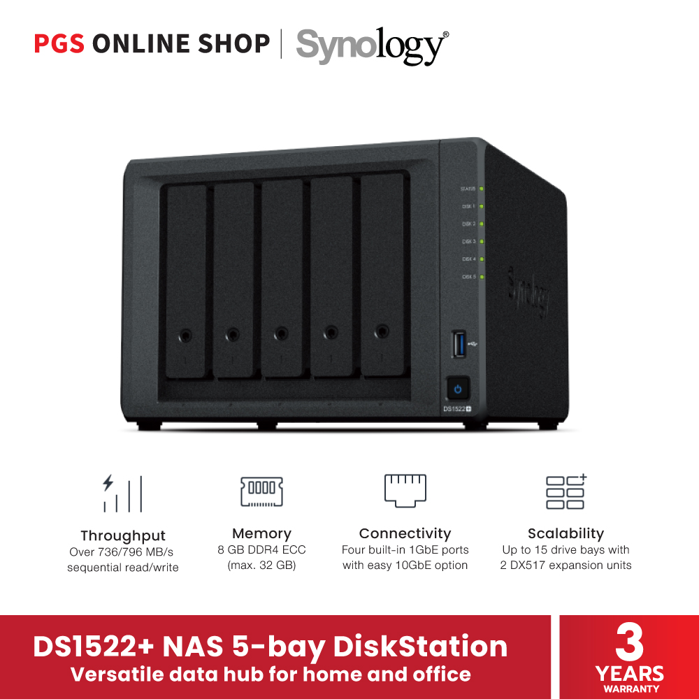 Synology DS1522 NAS 5-bay DiskStation (up to 15-bay) AMD Ryzen R1600 ...