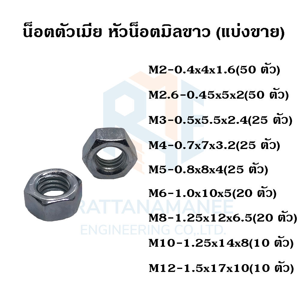 น็อตตัวเมีย หัวน็อตมิล ชุบขาว M2 M2.6 M3 M4 M5 M6 M8 M10 M12 (แบ่งขาย ...