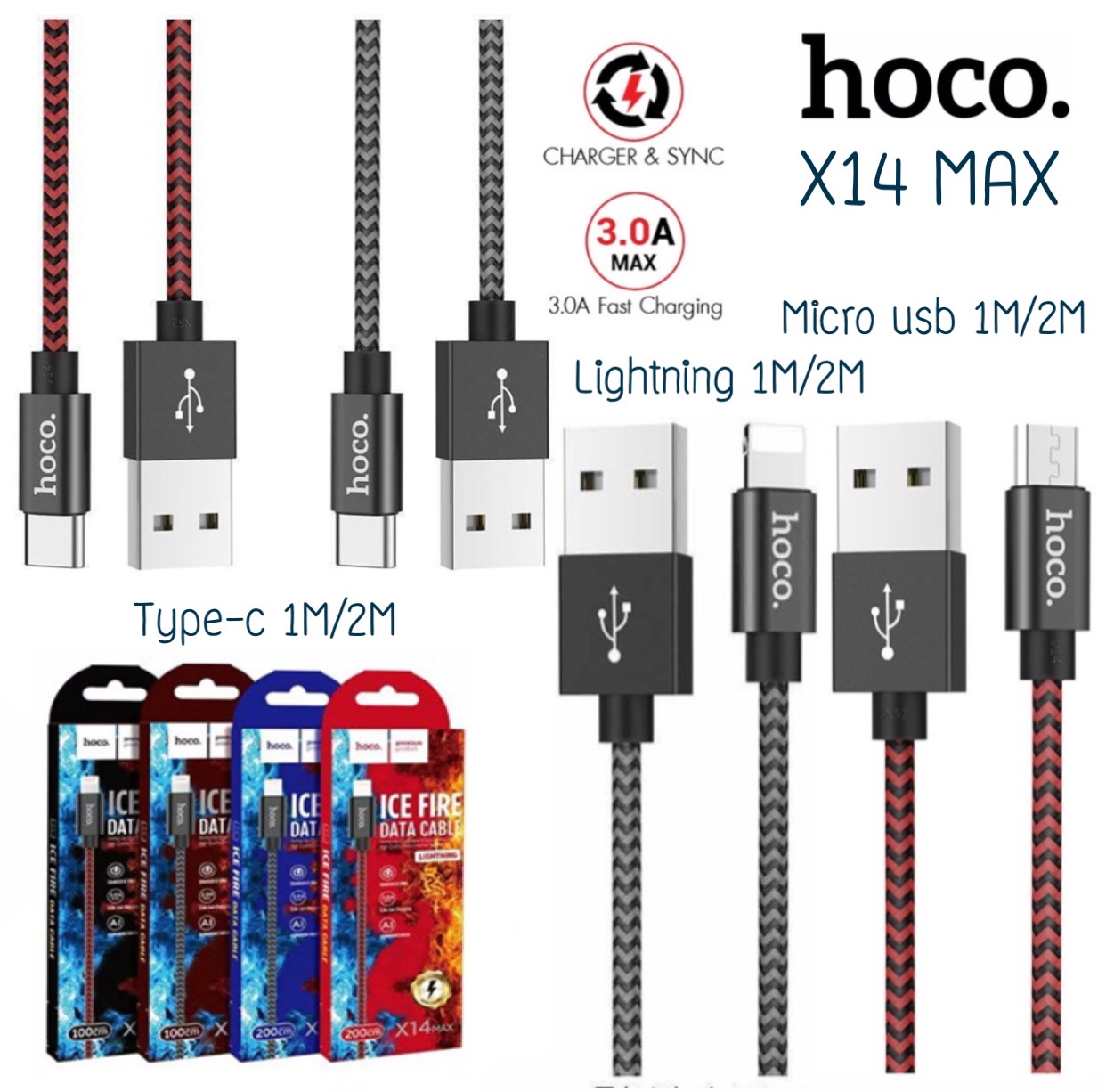 Hoco X14 max ยาว1เมตร / 2เมตร 3.0A MAX สายถัก ไนล่อน คุณภาพสูง สายชาร์จ ...