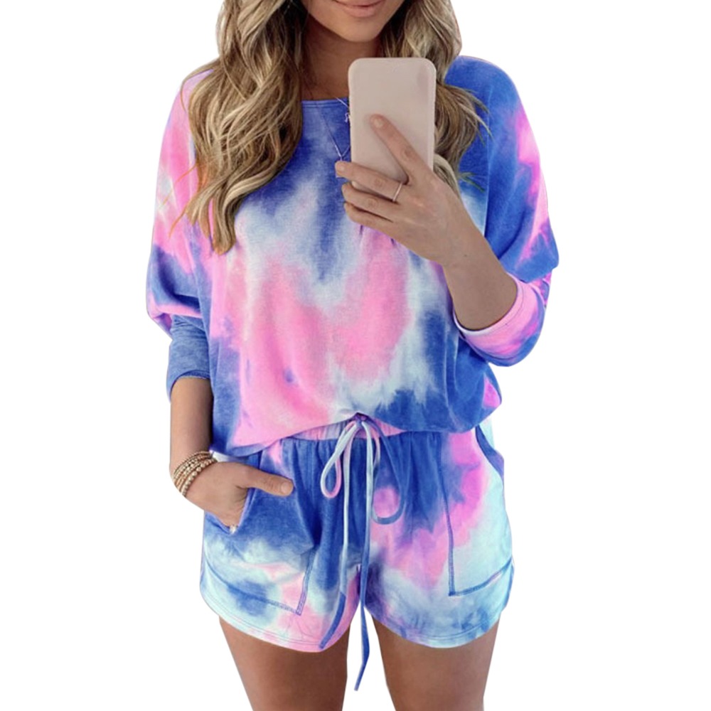 Womens Tie Dye Printed Ruffle Short Pajamas Set Long Sleeve Tops and ...