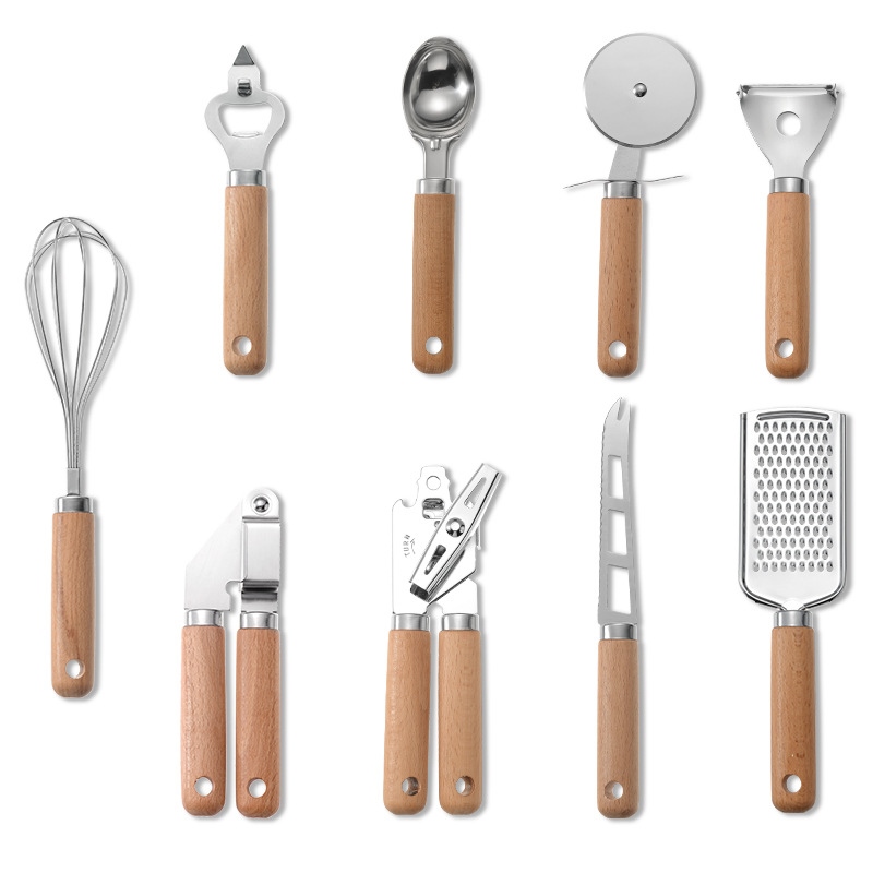 9 pc Stainless Steel Kitchen Gadget Set with Wood Handle Kitchen Tools ...