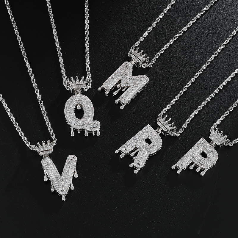 Hip Hop Iced Out Bling Cubic A-Z Drip Crown Zircon Letters Necklaces ...