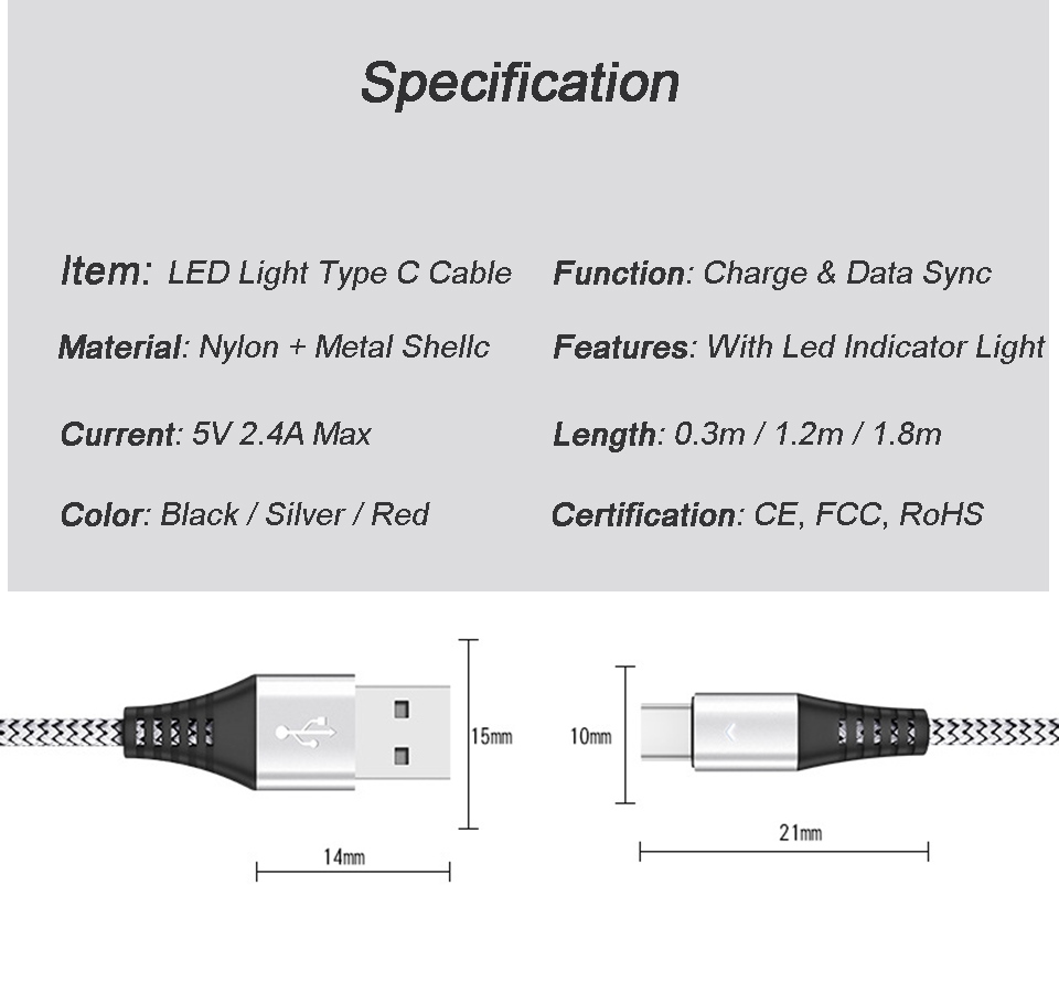 Usb Type C Cable Fast Charging Led Light Cable Cord for Samsung Galaxy ...