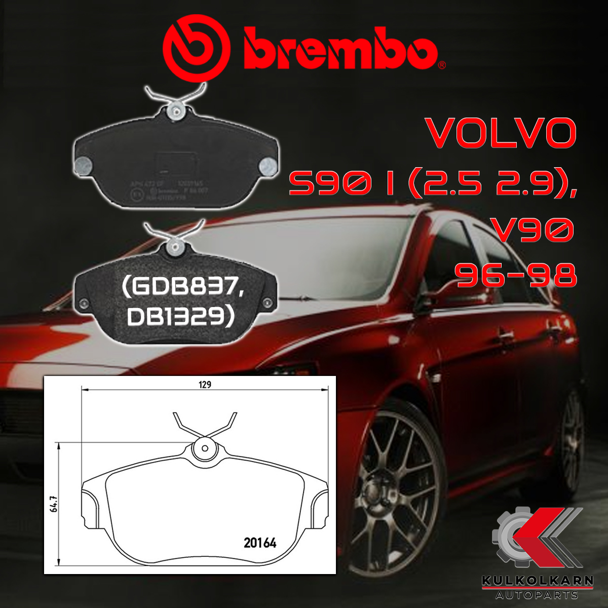 ผ้าเบรคหน้า BREMBO VOLVO S90 I (2.5 2.9), V90 ปี 96-98 (P86007B ...