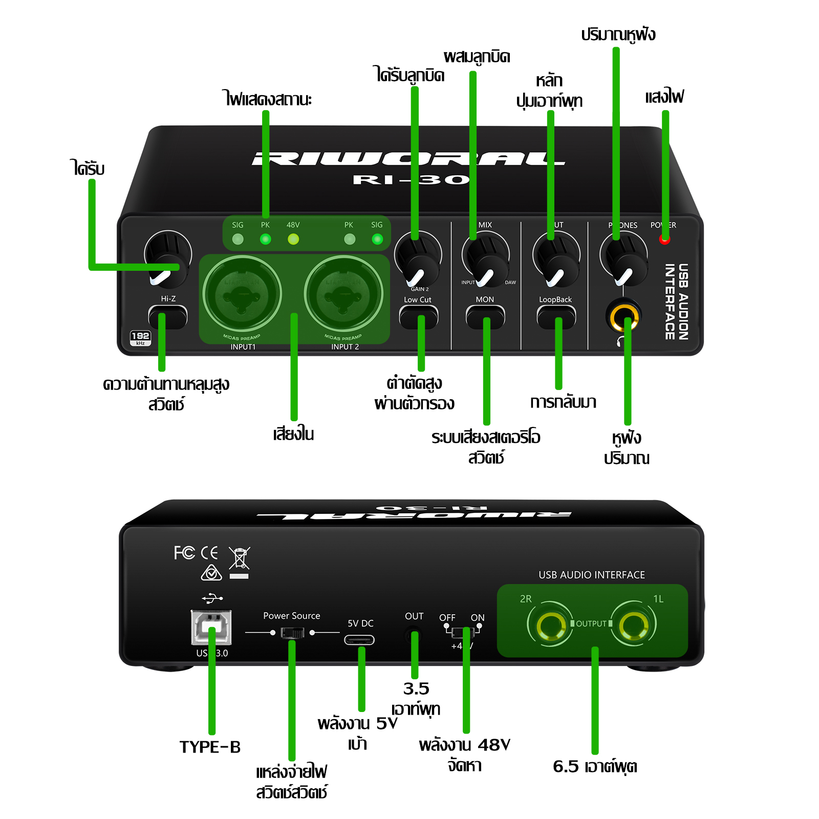 RIWORAL RI-30 การ์ดเสียง 48V ตัวกรองความถี่สูงตัดต่ำ การควบคุมการได้รับ ...