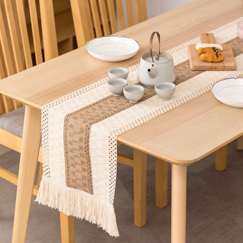 Cream Beige Bohemian Style Table Towel with Tassel Hand Woven Cotton ...