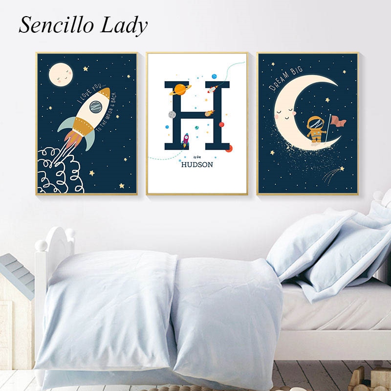Custom Name Poster Baby Nursery Print Adventure Space Astronaut Wall ...