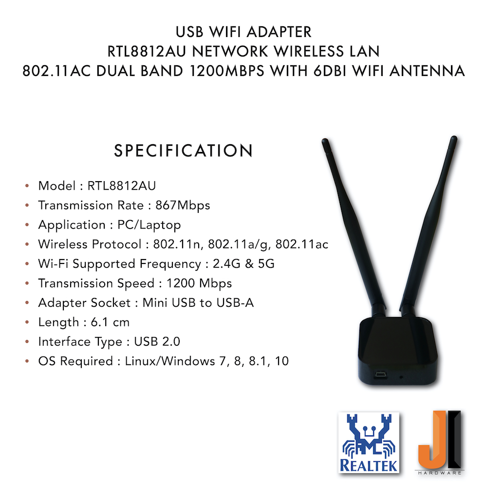 USB Wi-Fi Adapter RTL8812AU Network LAN Dual Band 1200 Mbps with 6 dBi ...