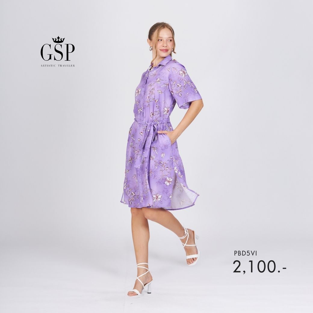 GSP Dress Artistic flowers เดรส แขนสั้น สีม่วง PBD5VI - A'MAZE - ThaiPick