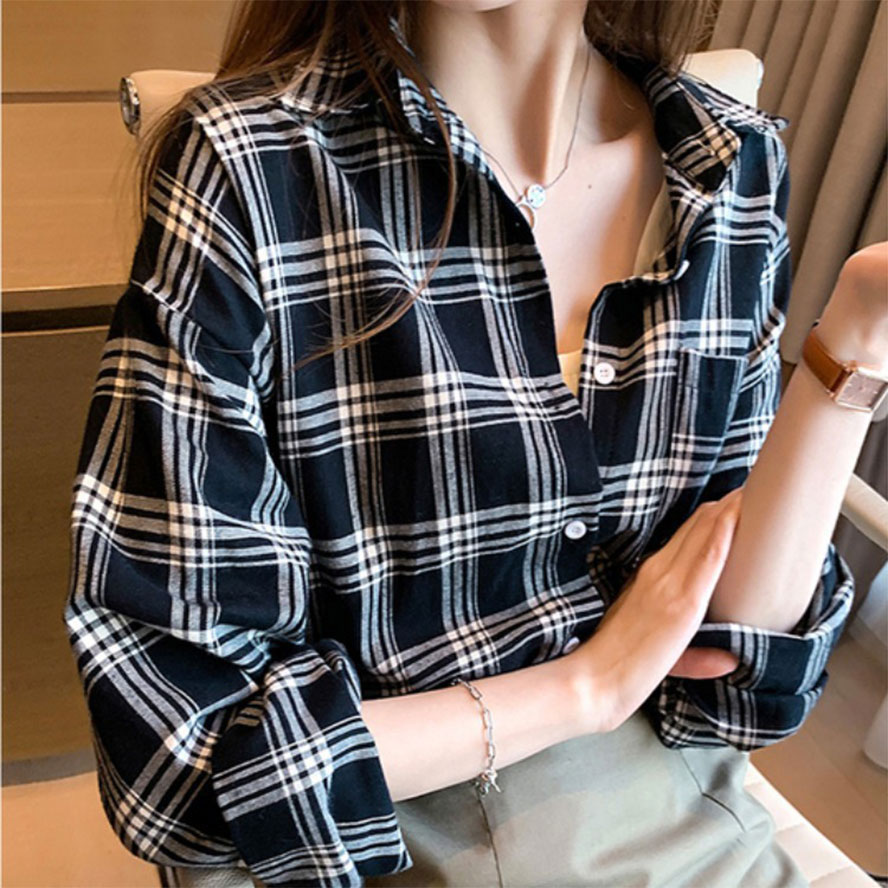 เสื้อเชิ้ต ลายสก็อต แขนยาว ผ้าทิ้งตัว ไม่ยับ ไม่ต้องรีด แฟชั่นผู้หญิง