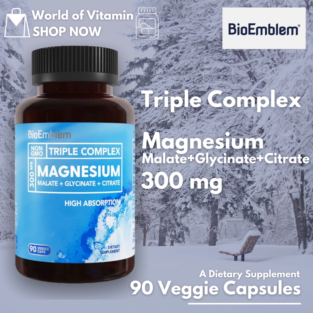 BioEmblem Triple Magnesium Complex 300mg of Magnesium Glycinate, Malate & Citrate 90 Veggie ...