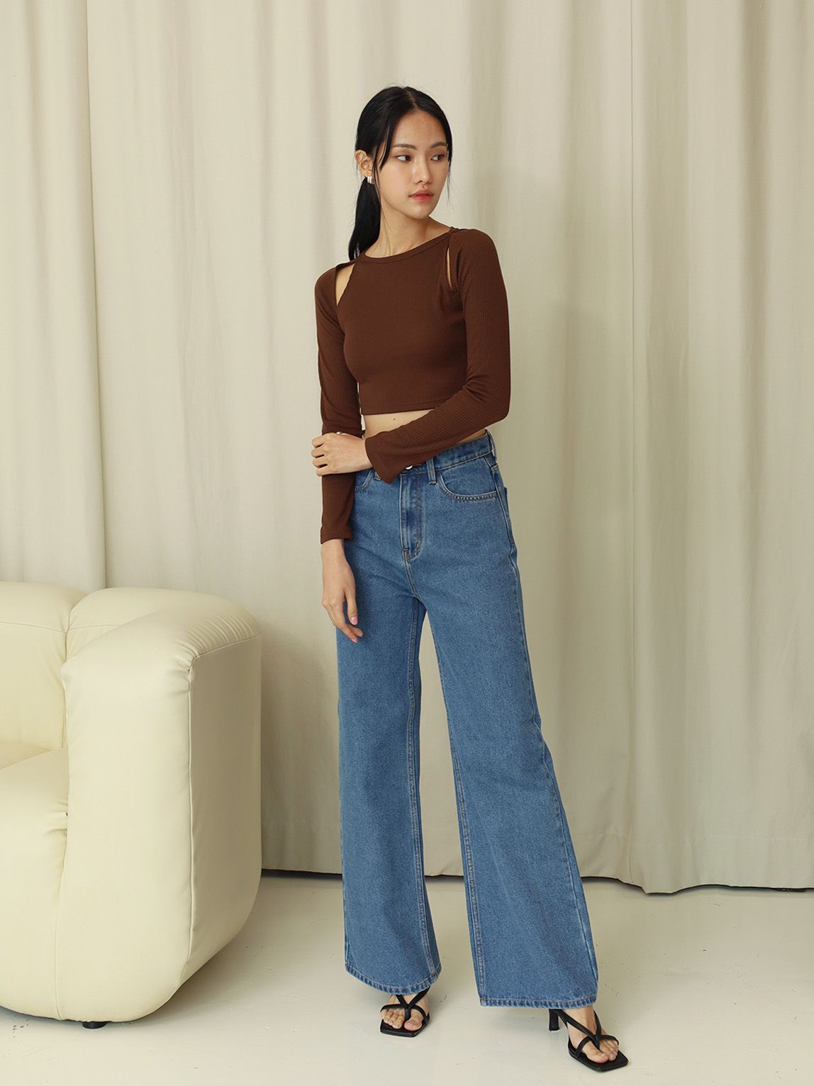 Biary Signature Jeans กางเกงยีนส์ทรงกระบอก เอวสูง สีฟอก 2 สี Th