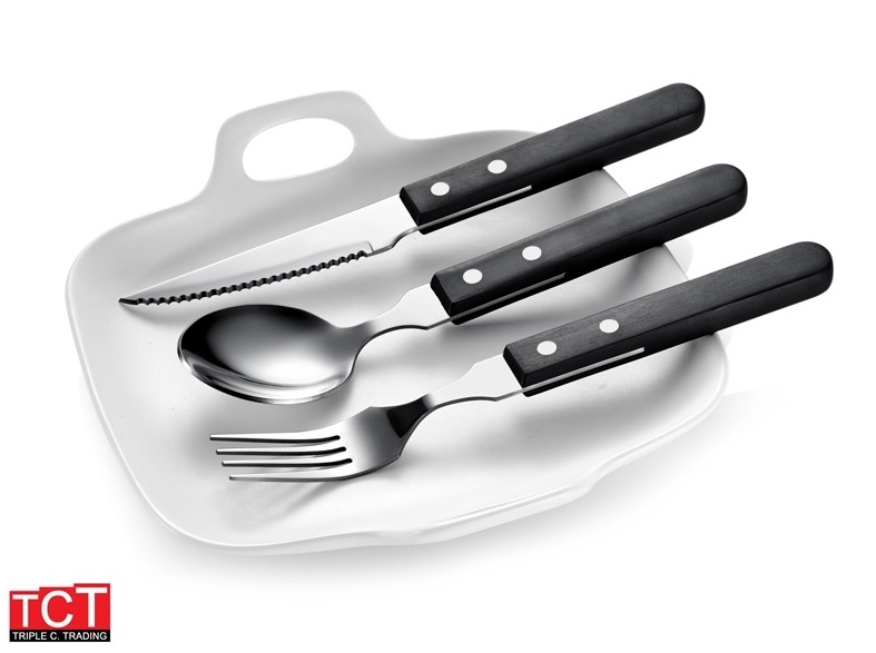 ช้อม ส้อม มีดสเต็ก สแตนเลส ด้ามไม้ สีดำ - Triple C Trading. - ThaiPick