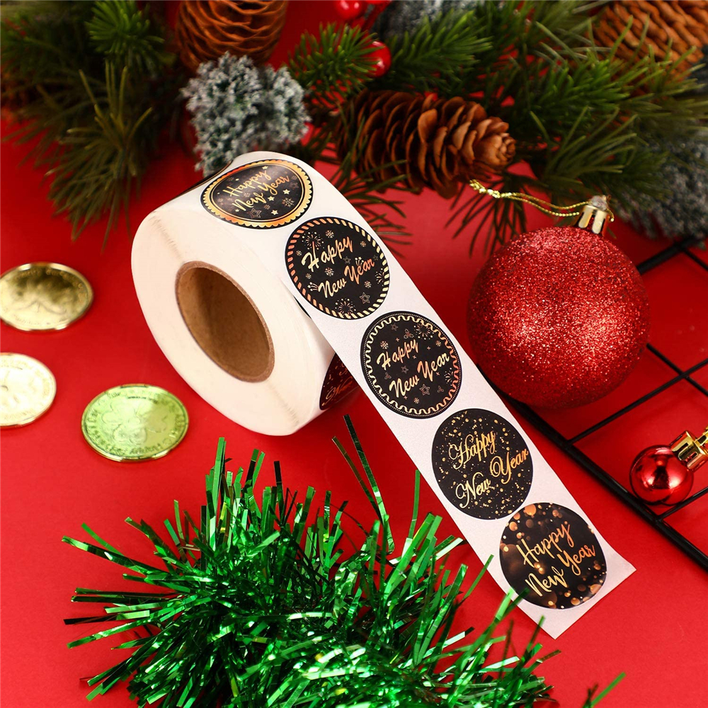 500Pcs Happy New Year Stickers Black Gold New Year Labels Glitter Tags ...