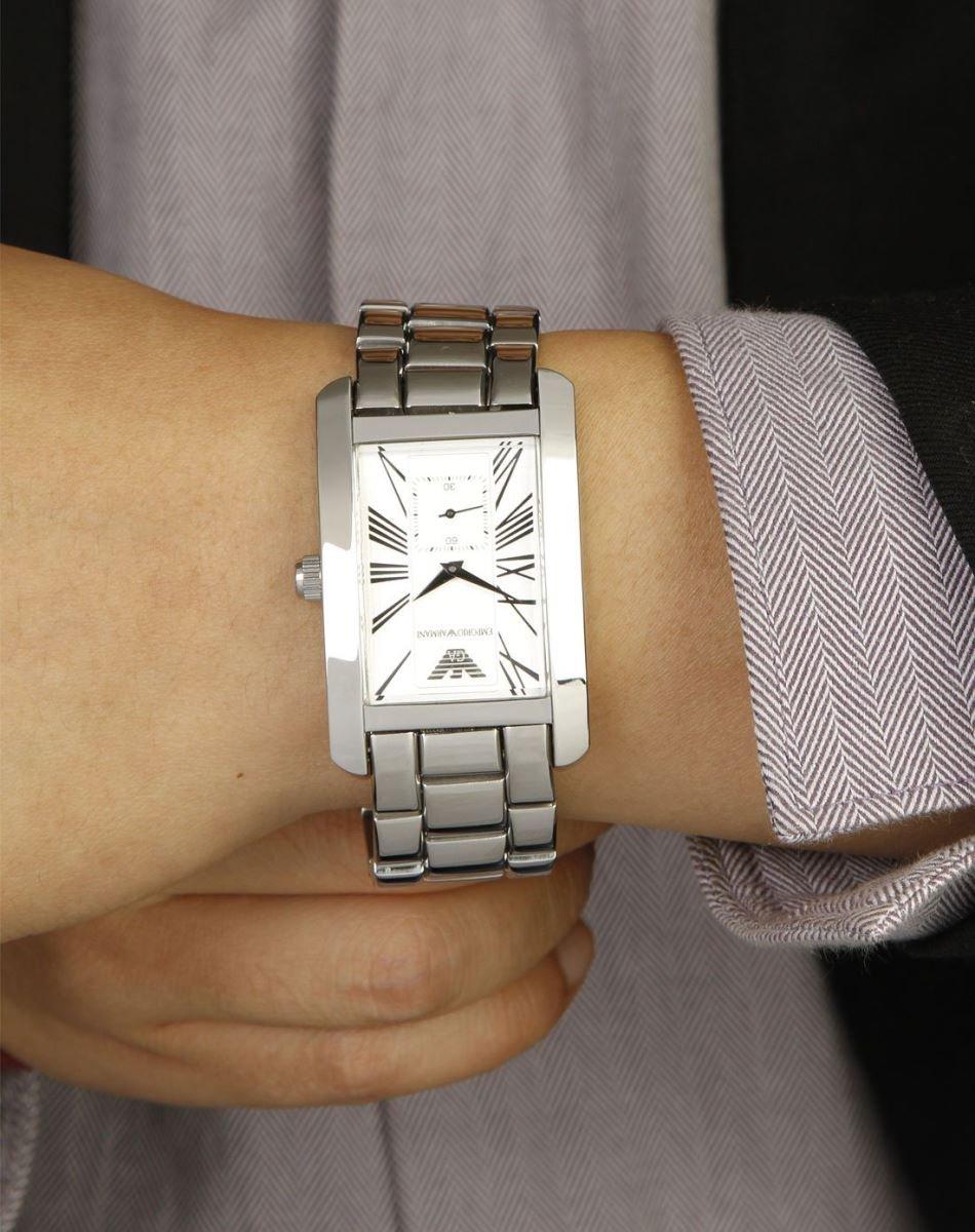 นาฬิกาข้อมือผู้ชาย ARMANI White Dial Rectangle Stainless Steel Bracelet ...