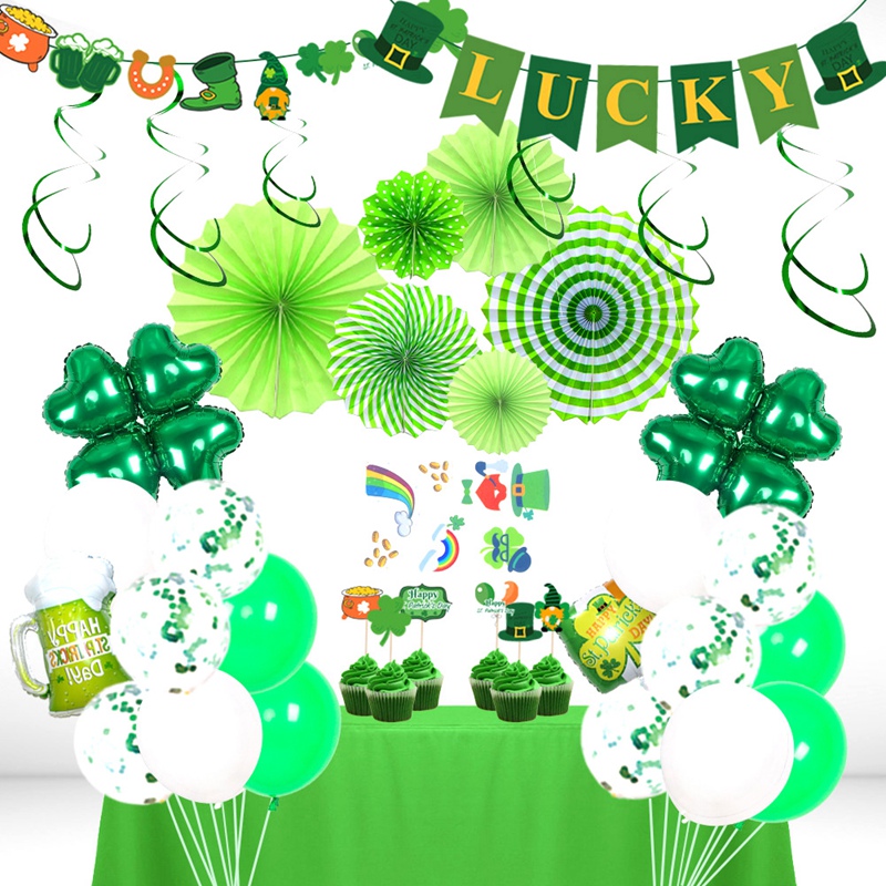 St Patricks Day Green Balloons Clover Banner Balloons Set Decorations ...