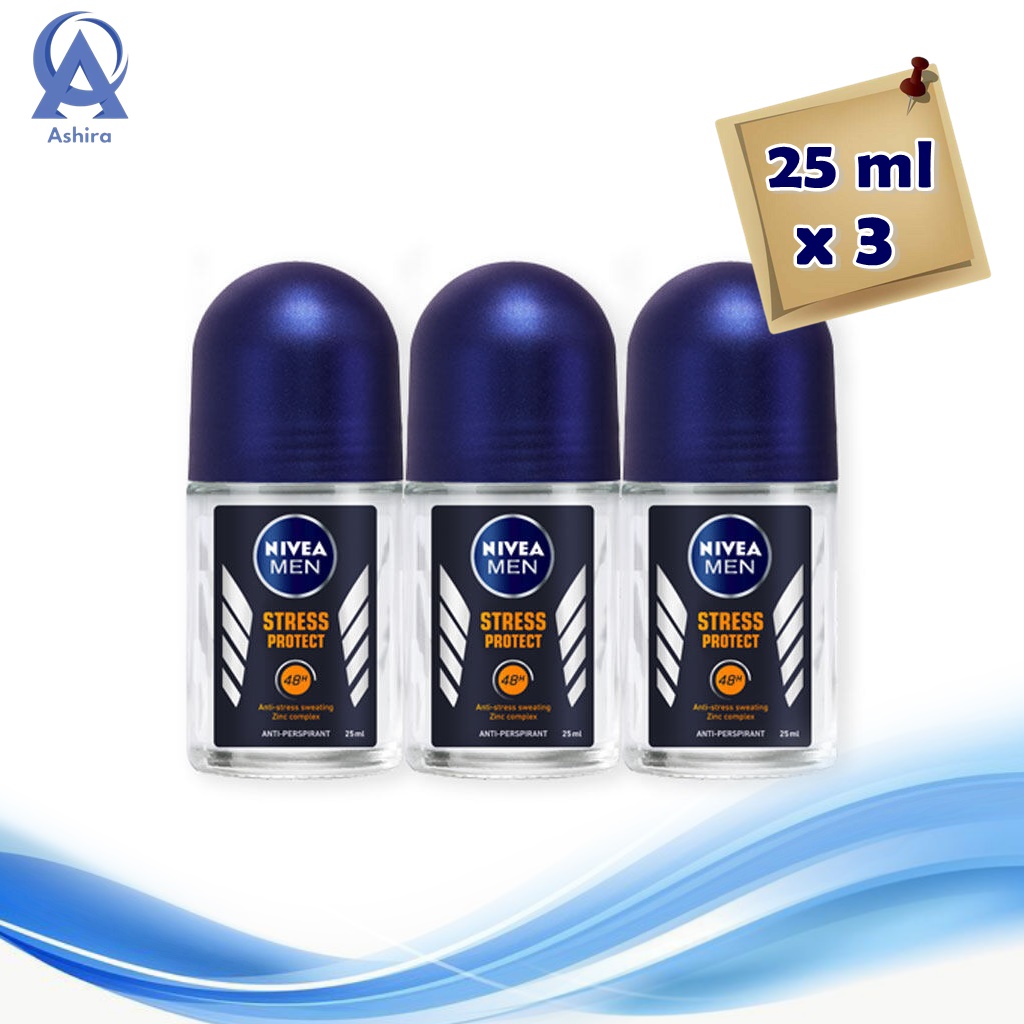 Nivea Men Stress Protect Roll-on 25 ml x 3. นีเวีย เมน สเตรส โพรเทค โรลออน ขนาด 25 มล. แพ็ค 3 ...