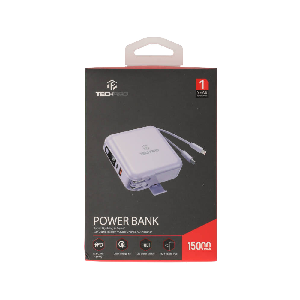 TECHPRO Power Bank 15000 mAh 1xUSB-A 1xType-C LED Display 2 in 1 Cable Purple by Studio 7 ...