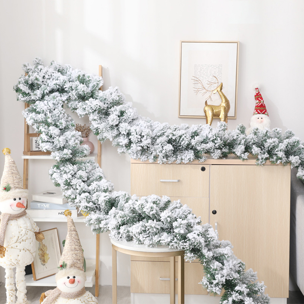 2.7M Christmas Rattan Garland White Snow Flocked Garlands Decor with ...