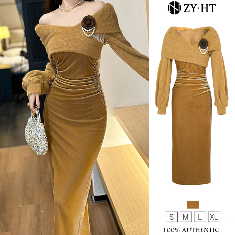 ZY.HT EraVogue Women's Dresses Brown Dresses Long Sleeve Dresses Velvet ...