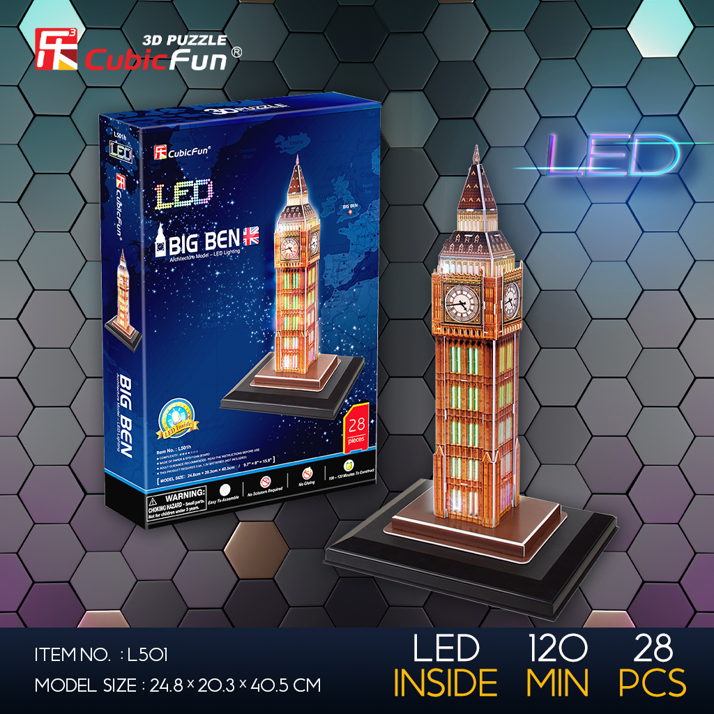 หอนาฬิกาบิกเบน จิ๊กซอว์ 3D มีฐานไฟ LED Big Ben L501 แบรนด์ Cubicfun ของ ...