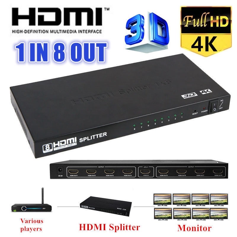 High Quality 8 Port 1 In 8 Out 1x8 HDMI Splitter Audio Video 1080P For ...
