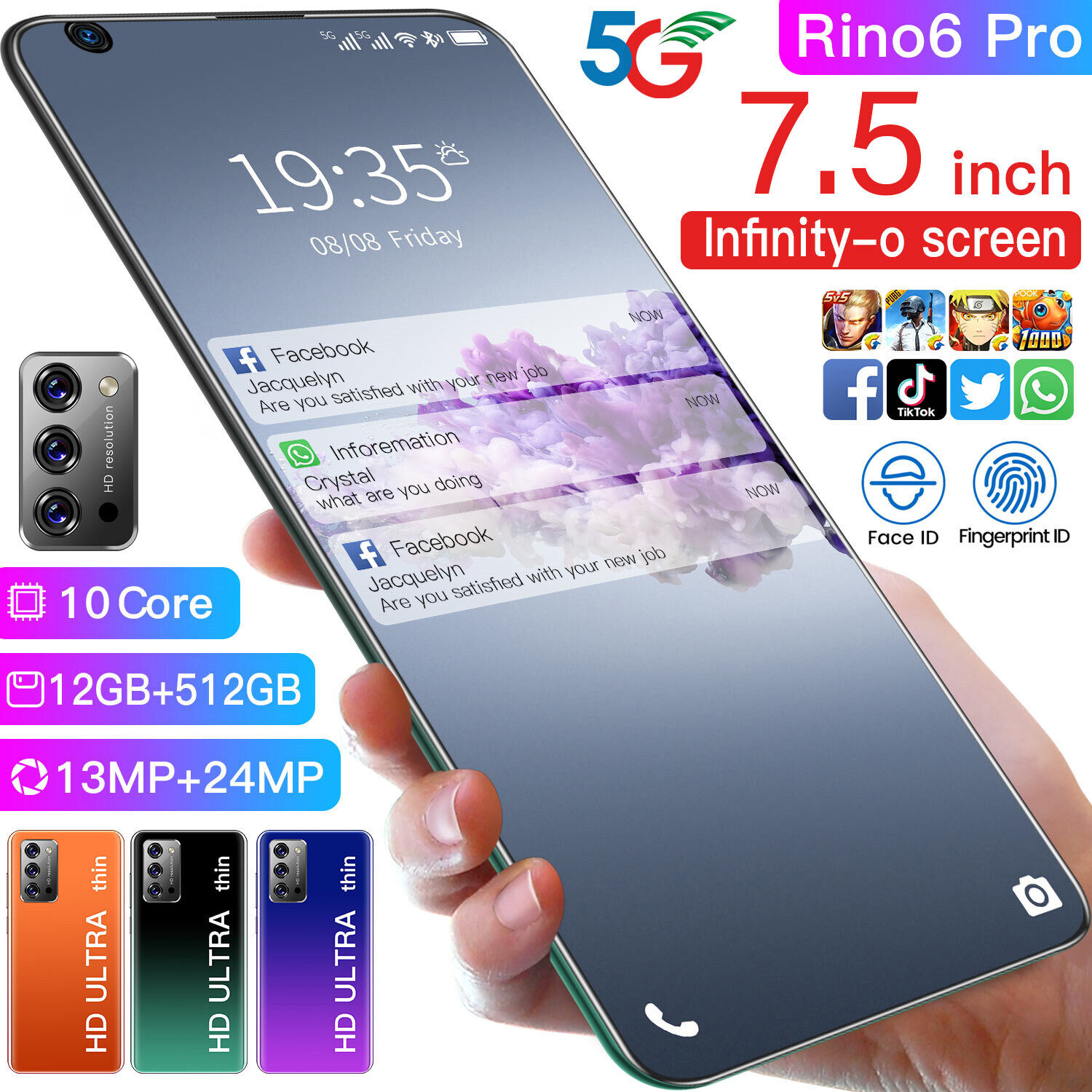 oqqo Rino6 Pro 5G สมาร์ทโฟนหน่วยความจำ 8G+256G จอ 7.5นิ้ว HD เต็มหน้าจอ ...