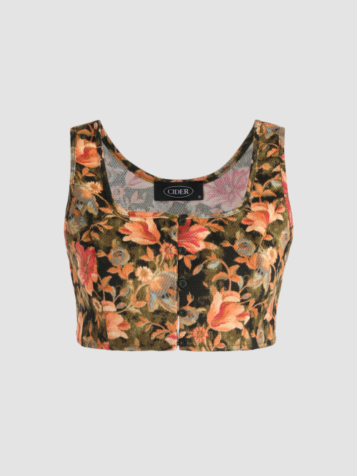 Cider Button Up Floral Tank Top - MixASale