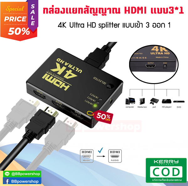 ที่แยกสัญญาณภาพ 4K HDMI Splitter 3*1 เข้า3ออกได้ 1 จอ กล่องแยกสัญญาณ HDMI ตัวแยก HDMI รองรับภาพ ...
