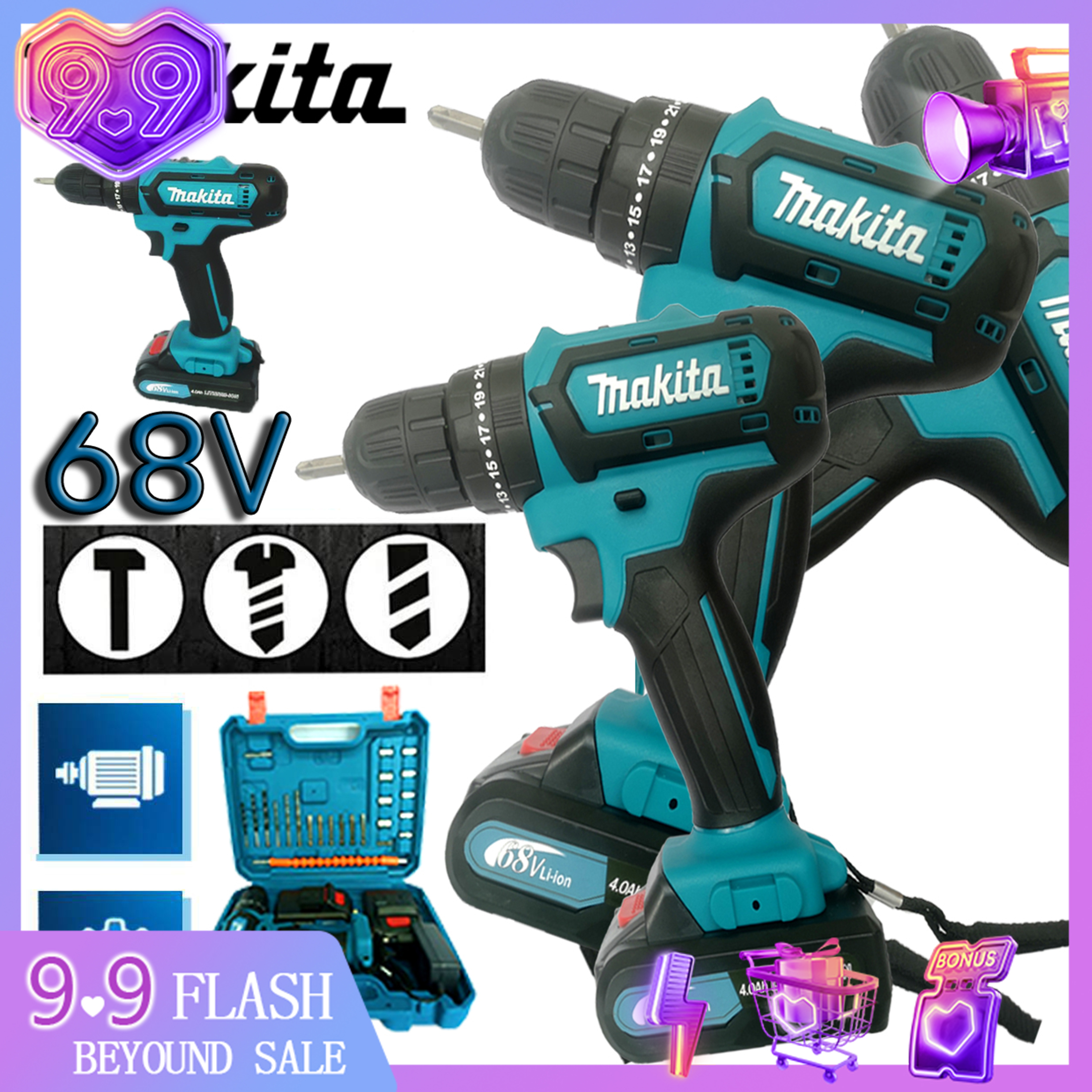 MAKITA สว่านไฟฟ้ากระแทก แบต2ก้อน สว่านแบตเตอรี่ สว่านไร้สาย 68V 3ระบบ สว่าน3ระบบ สว่านแบตไร้สาย ...