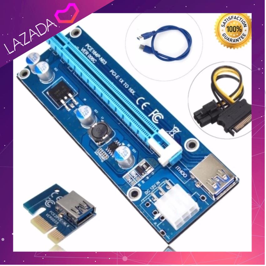 6Pin Cable PCIe PCI-E PCI Express Riser Card 1x to 16x USB 3.0 Data (2 ...