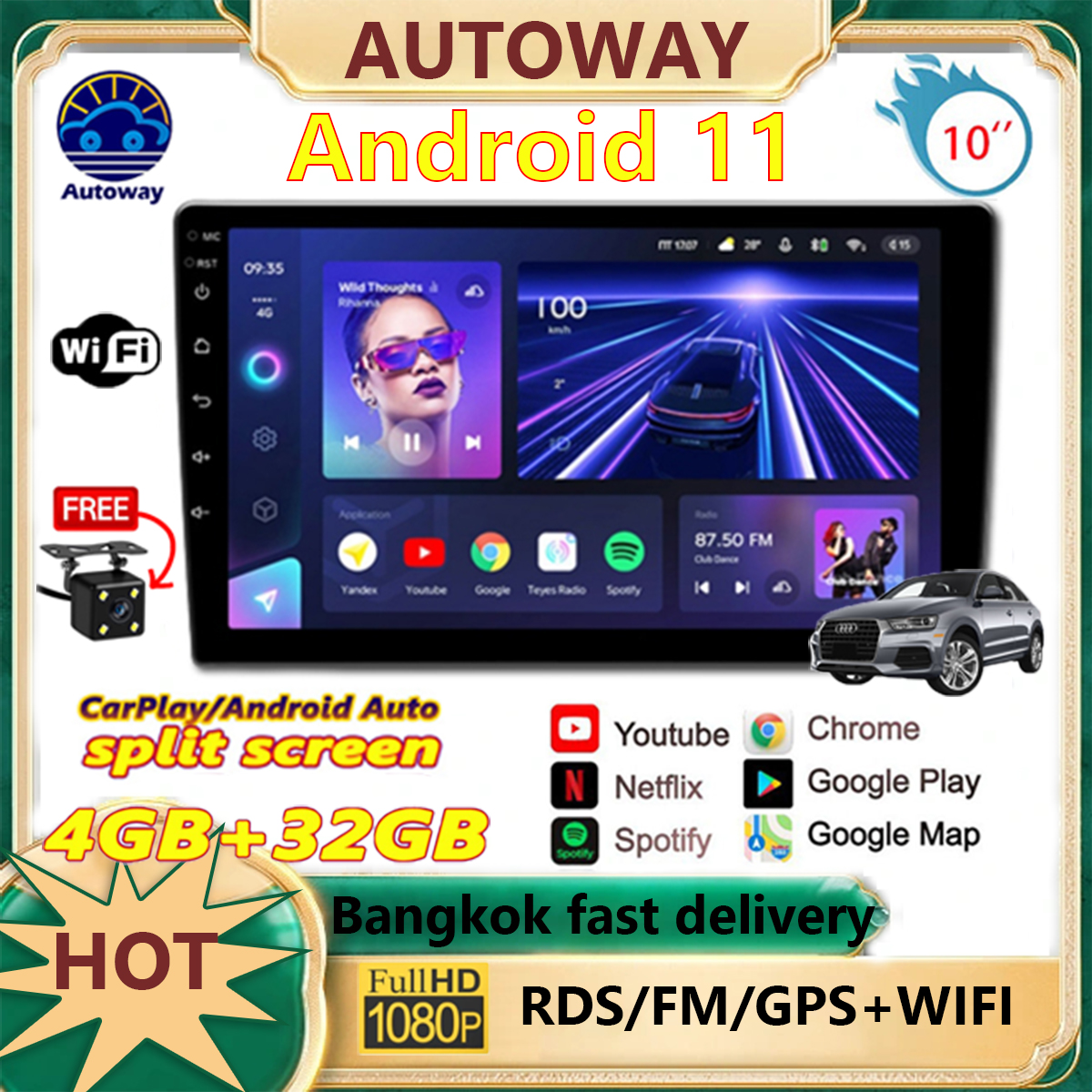 (4 32G) 10 นิ้ว 2din Androidจอ android รถยนต์รถวิทยุเครื่องเล่นมัลติมีเดียWifi GPS Carplay ...