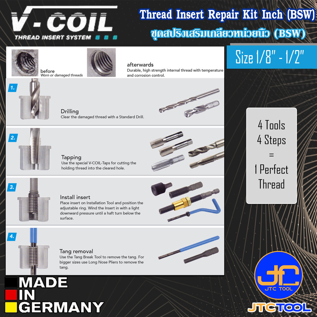 V-Coil สปริงเสริมเกลียวพร้อมอุปกรณ์หน่วยนิ้ว (BSW) ขนาด 18 - 12นิ้ว ...