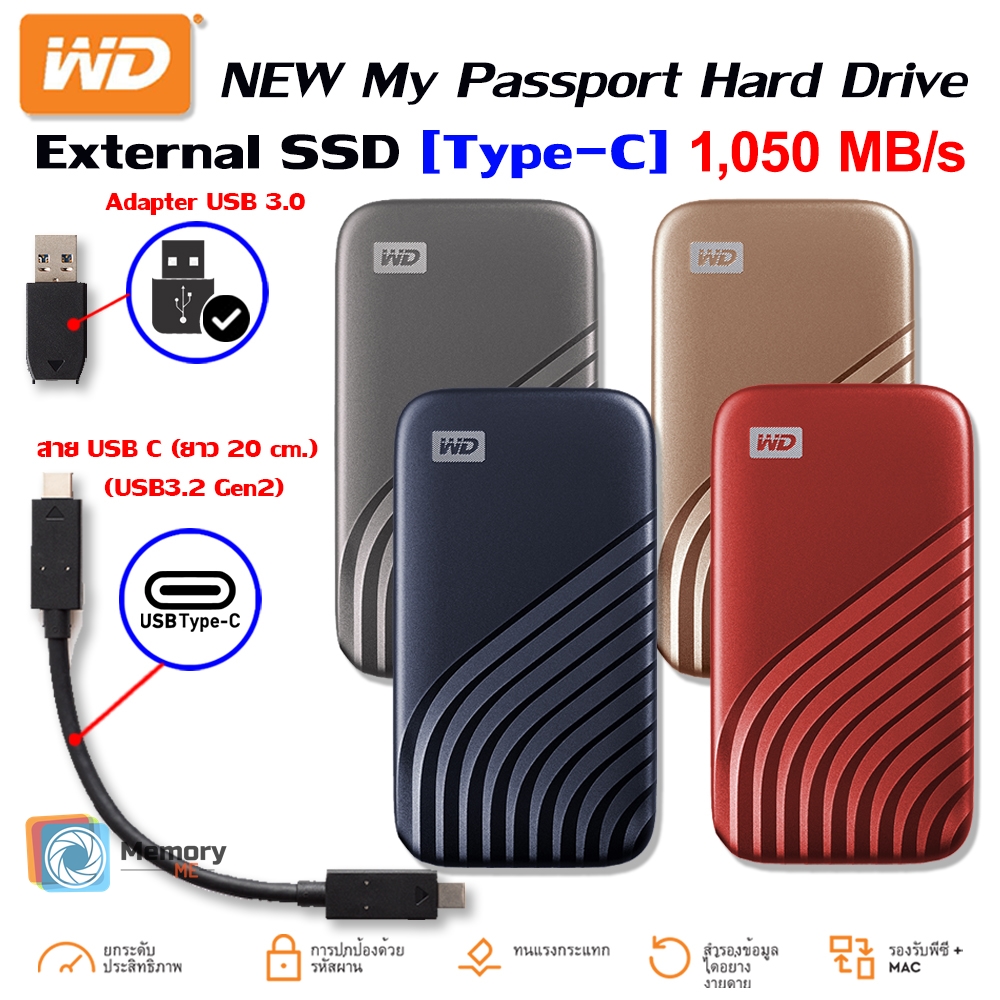 WD SSD External harddisk Type C 1TB USB3.2 1050MBs NEW My Passport Hard DriveWDBAGF0010B ...