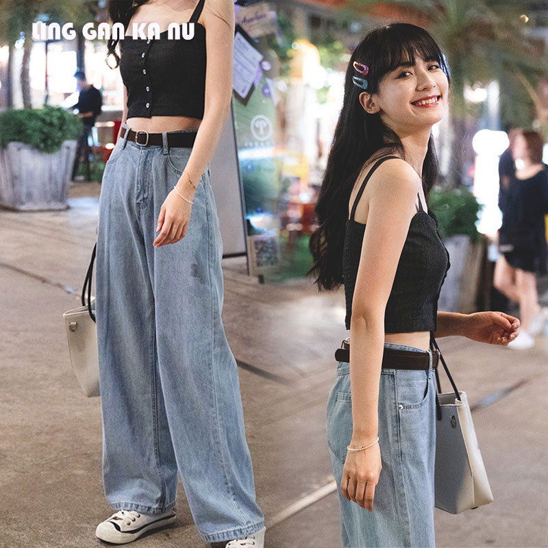 LING GAN KA NU 2022ฤดูร้อนคลาสสิกสีอ่อนกางเกงยีนส์ขากว้างเอวสูงของ ...